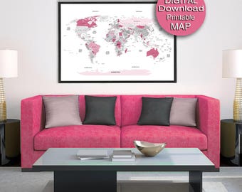 Pink world map | Etsy