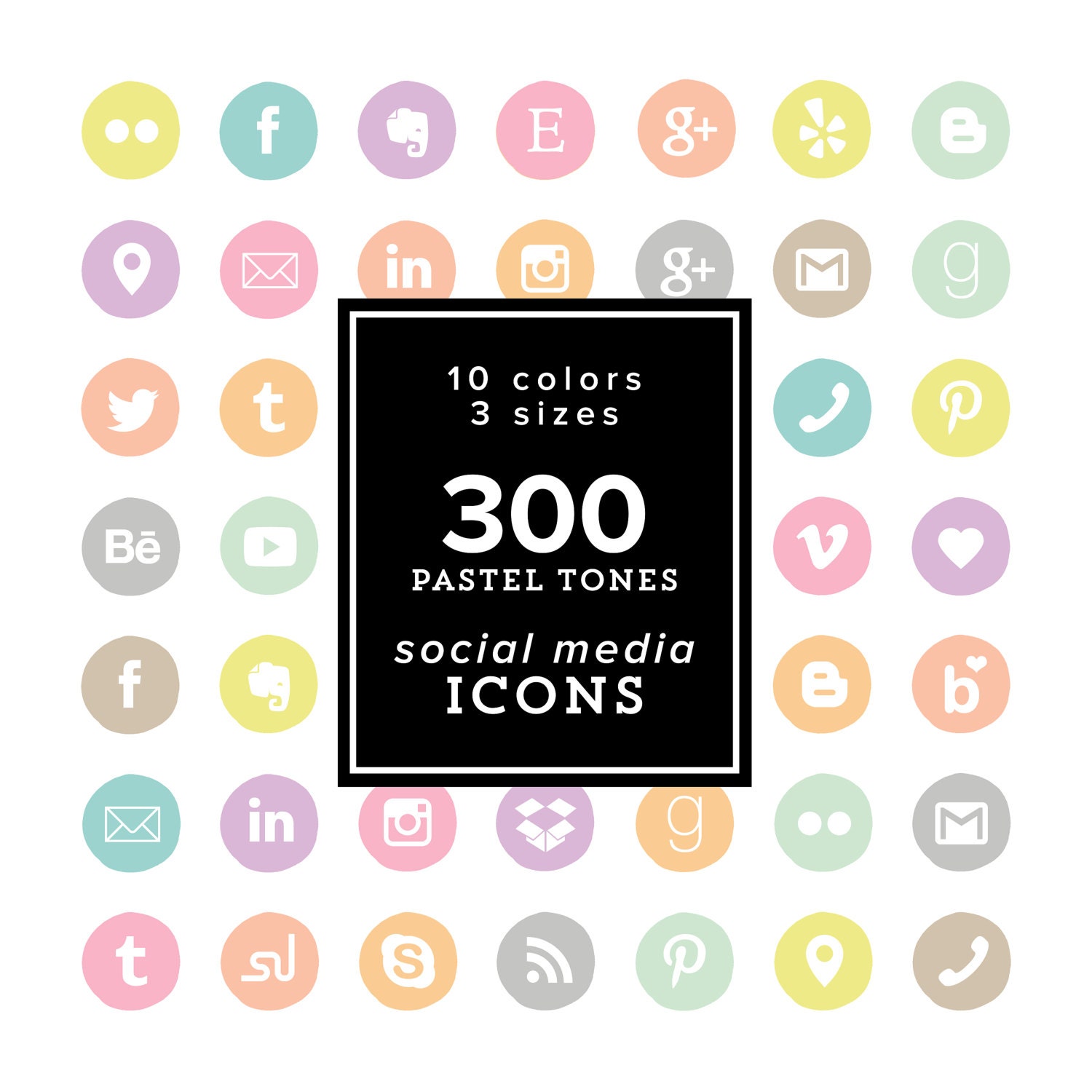 HUGE Pastel Social Media Icons Set 300x3 png files Pastel