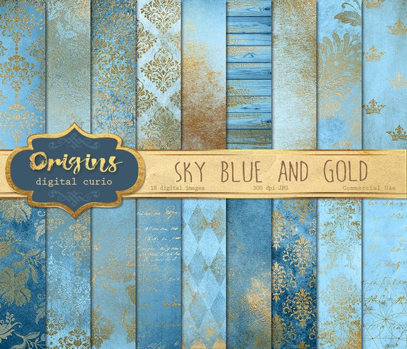 Sky Blue and Gold Digital Paper vintage grunge distressed