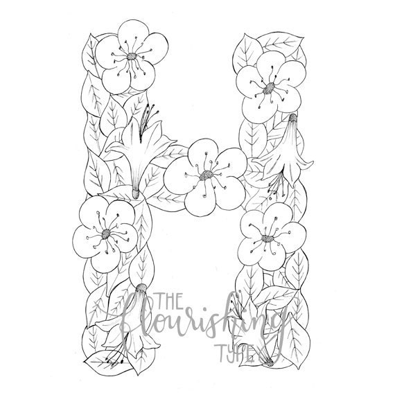 Printable Colouring Page Letter H Floral Inspired Hawthorn