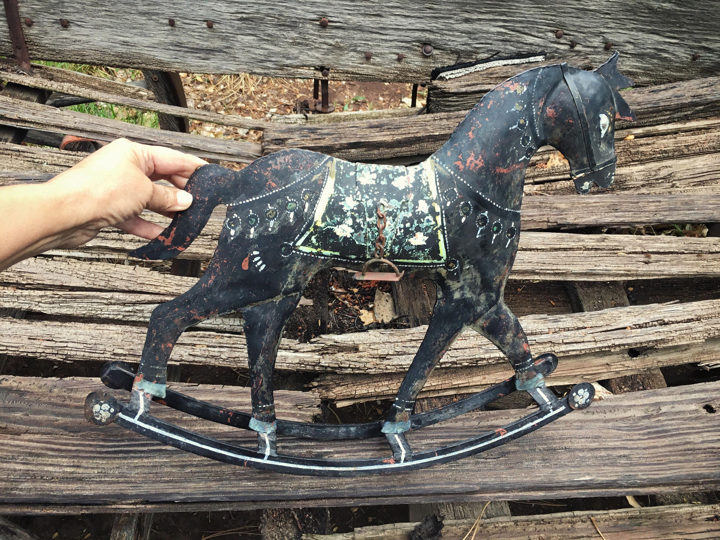 Large vintage primitive folk art rocking horse statue made of metal ...