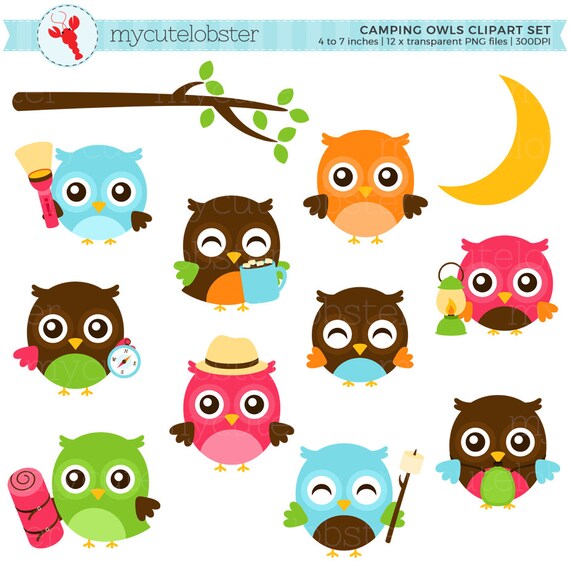 Camping Owls Clipart Set clip art set of cute camping owls