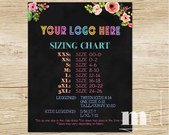 Size Chart Sizing Chart Poster Size Guide List Shop Sign