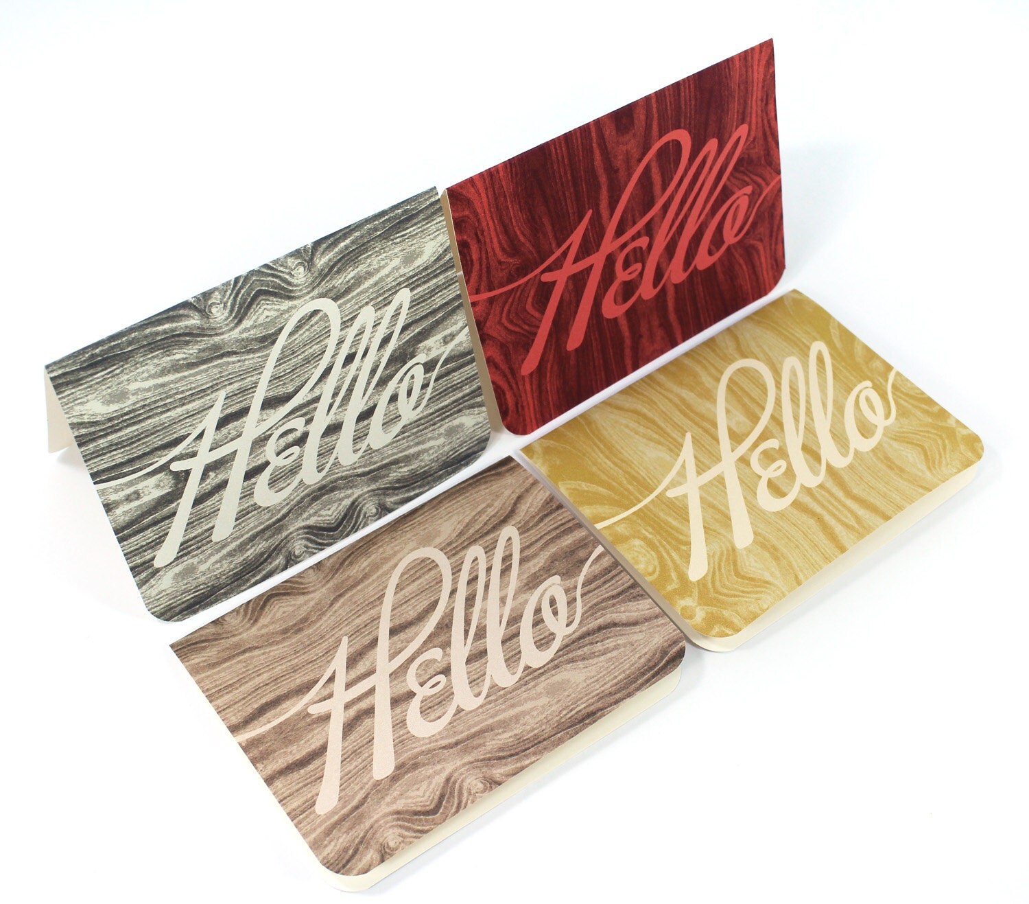Hello Wood Grain Set of 4 Greeting Cards Blank Note