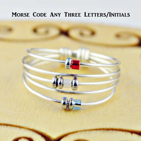 Morse Code ANY Three Initials Ring Birthstone Color Beads and