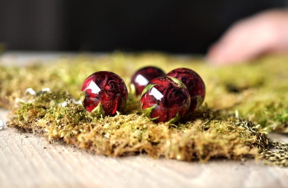 Dark Red Real Rosebud Resin Sphere Pendant Necklace Pressed