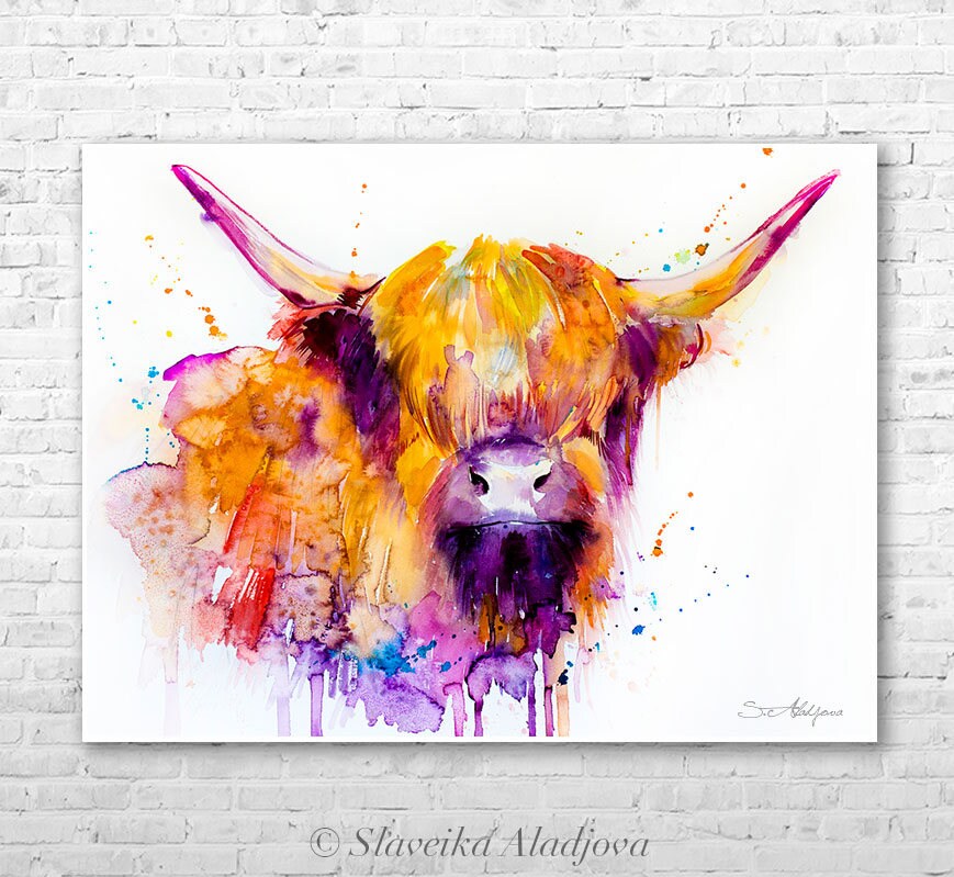 Highland Cow watercolor painting print by Slaveika Aladjova