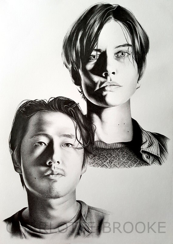 Maggie and Glenn The Walking Dead Pencil Portrait Drawing