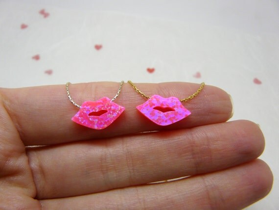 Lips necklace Kiss necklace Valentines gift Pink opal lips