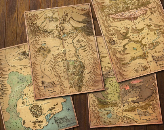 Pilgrim's Progress Maps Hand Drawn Vintage Style