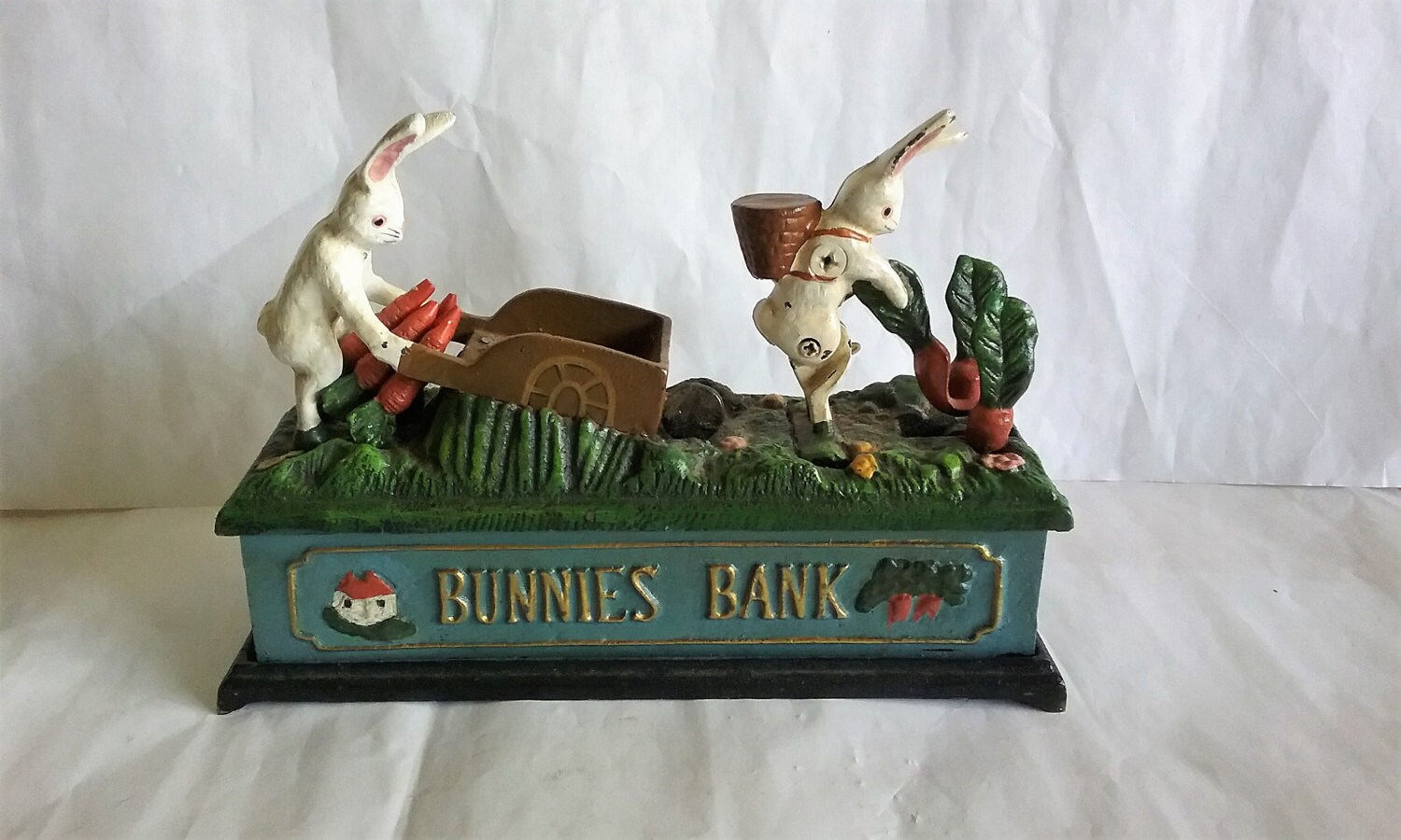 Vintage Mechanical Bunny Bank / Cast Metal by FieldsOfVintage