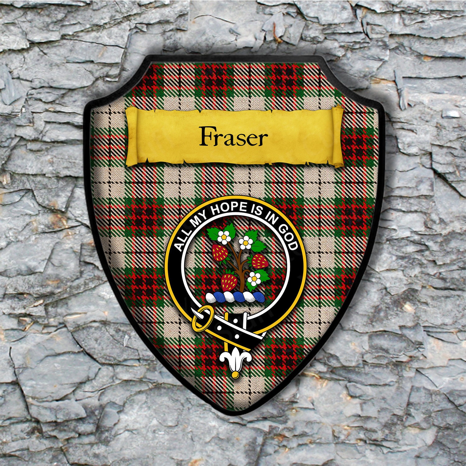 Fraser Shield Plaque with Scottish Clan Coat of Arms Badge on