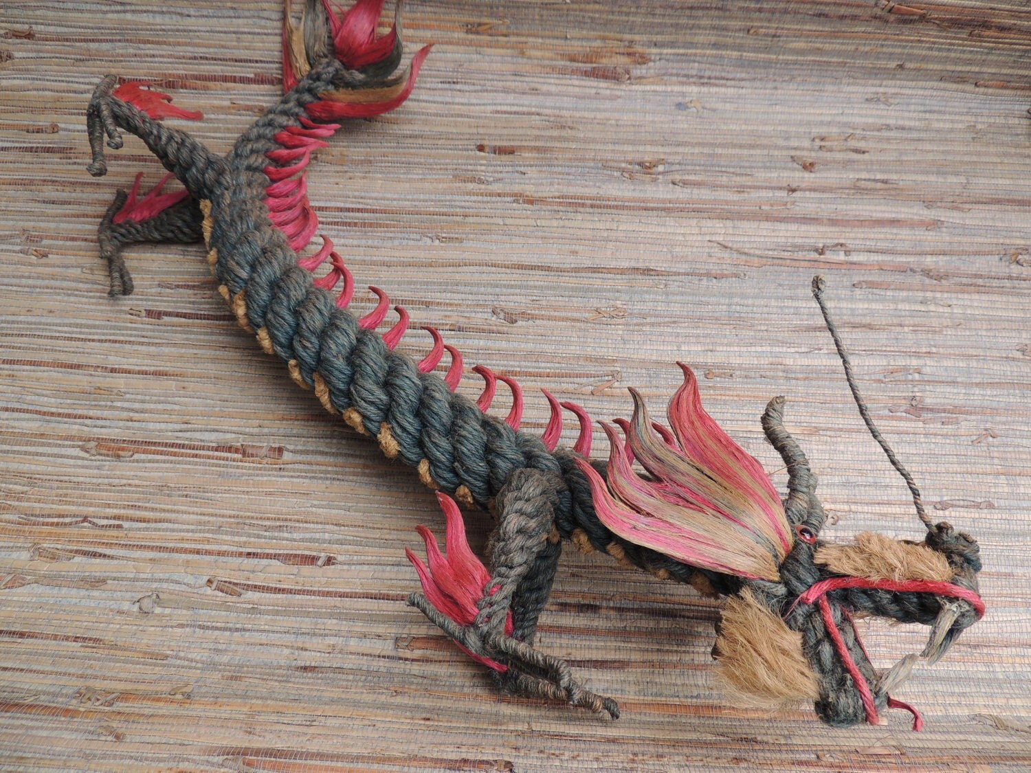 Vintage Chinese Rope Dragon, Fiber Art Figure, Asian Folk Art