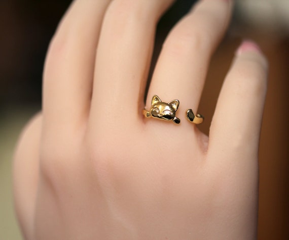 Gold cat ring Adjustable ring Gold plated Sterling Silver or