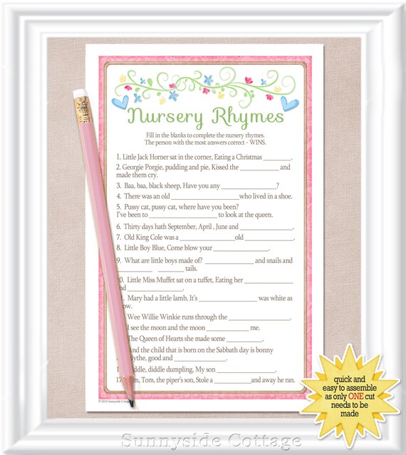 Nursery Rhyme baby shower game in a vintage style with pink