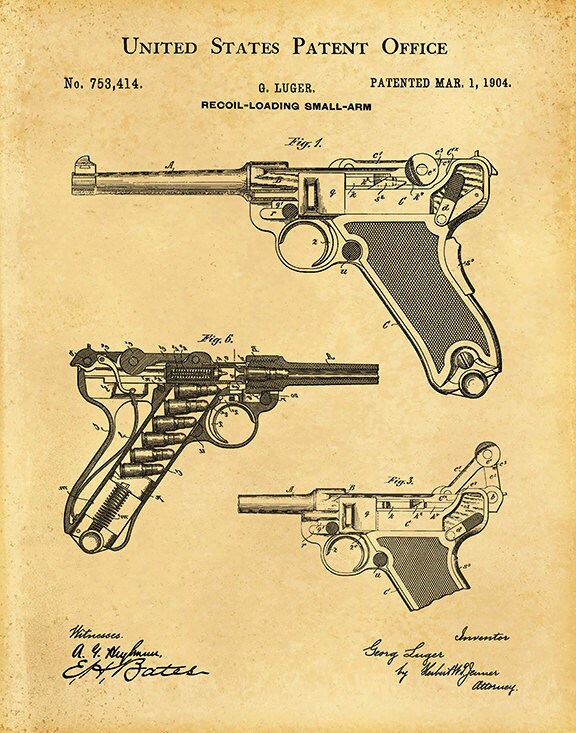 Patent 1904 Luger German Pistol Recoil Loading Firearm - Art Print ...