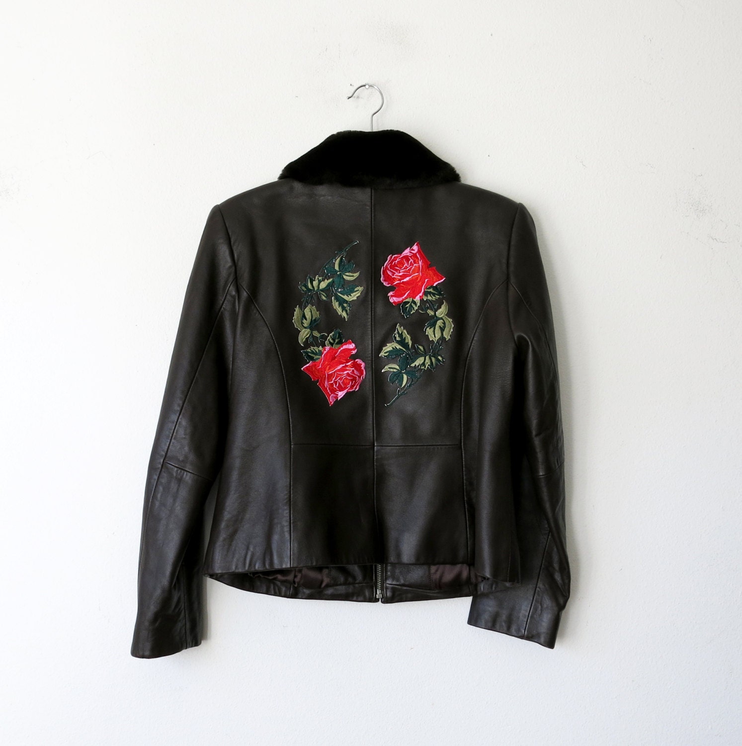 Rose Jacket / Brown Leather Jacket / Patch Jacket / Leather