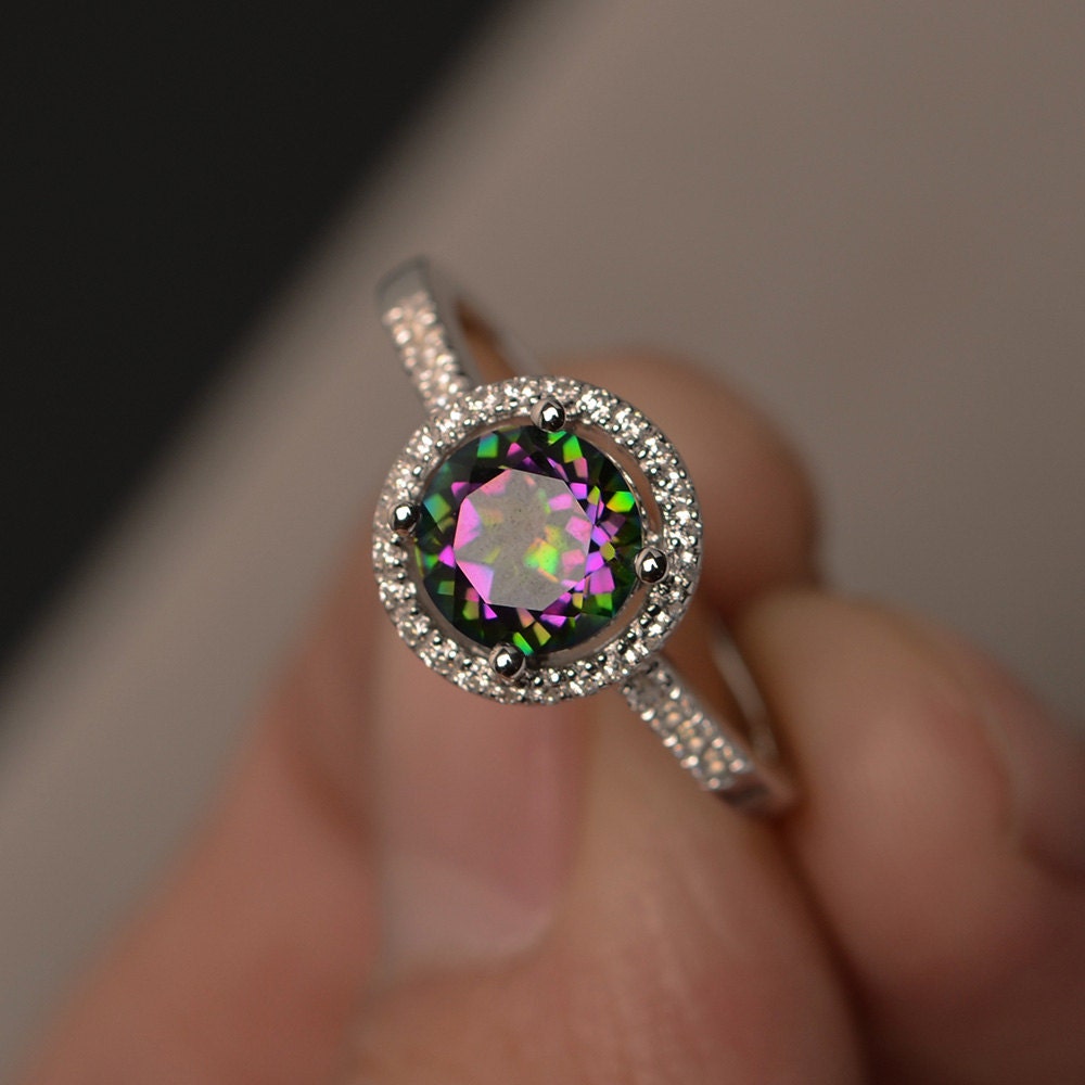 Mystic Topaz Ring Halo Ring Rainbow Topaz Gemstone Ring