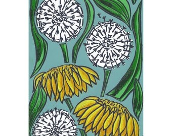 Linocut of a rabbit with a dandelion