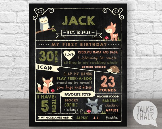 Items similar to Woodland Creatures First Birthday DIGITAL Chalkboard ...
