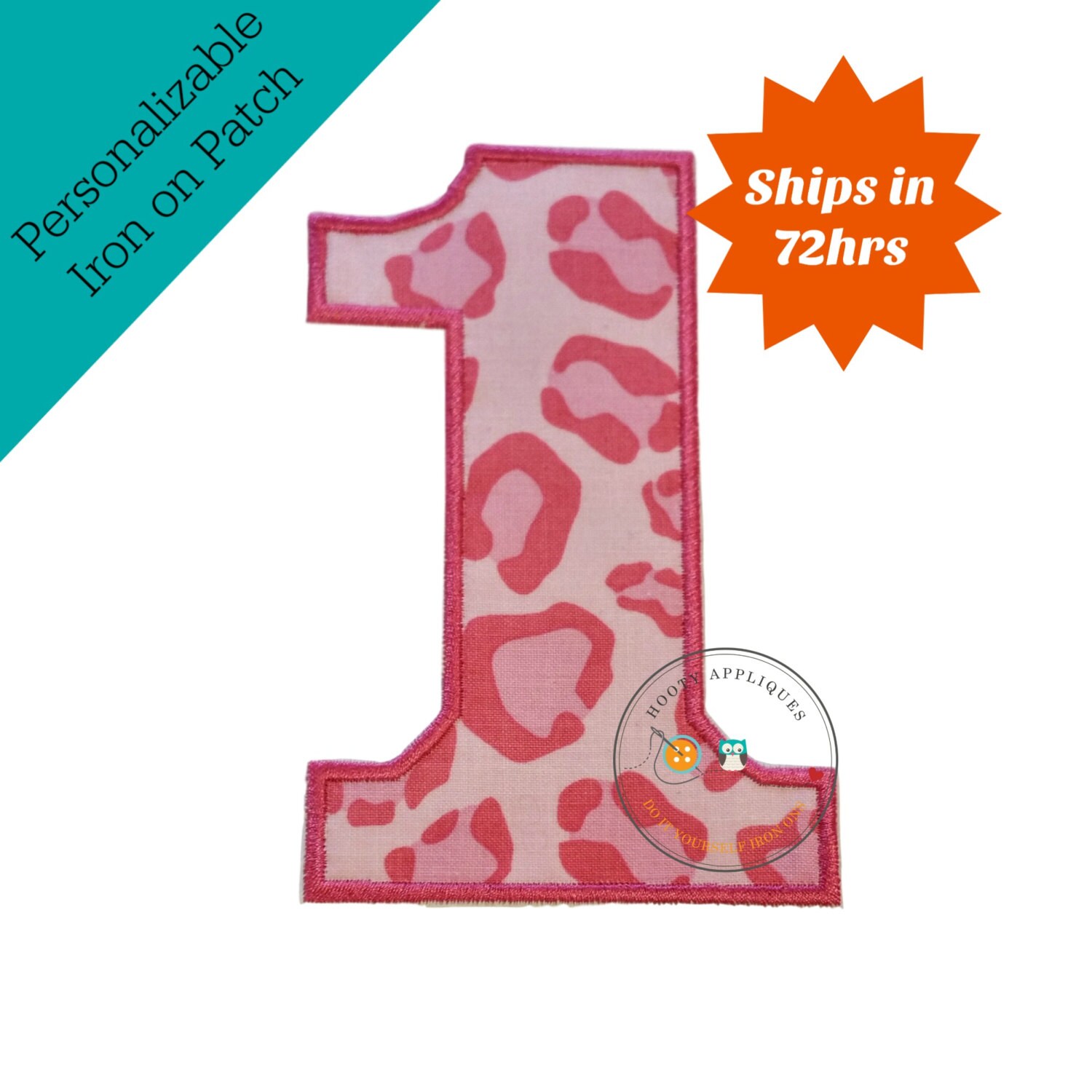 Large pink cheetah print number 1 iron embroidered fabric