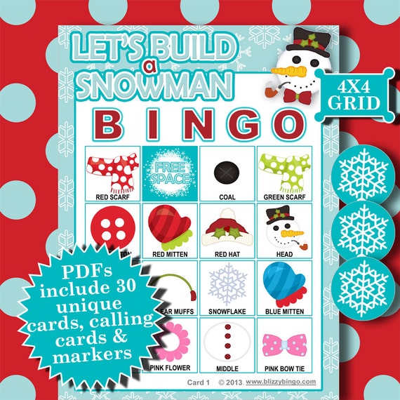 Let's Build a Snowman 4x4 Bingo printable PDFs contain