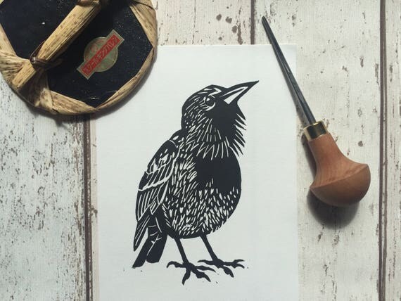 Starling bird linocut print hand-pulled limited edition