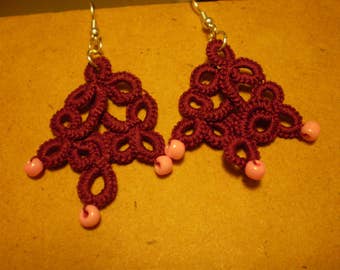 Owl tatted earrings with glass bead body tatting jewelry