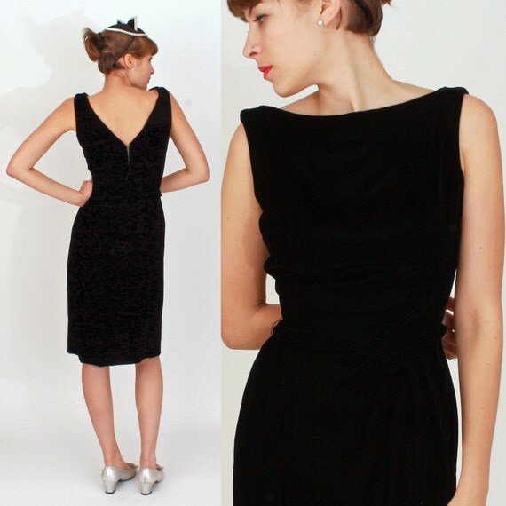 Vintage 1950s Black Velvet Wiggle Dress With Bow Belt By Suzy