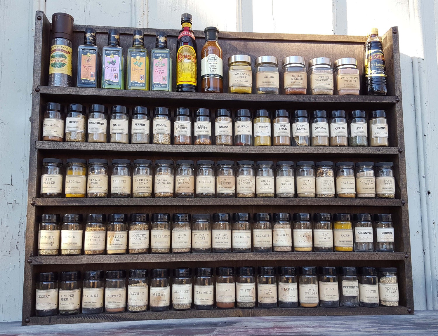 Very Large Rustic Spice Rack Holds 68 spices and Oils Green