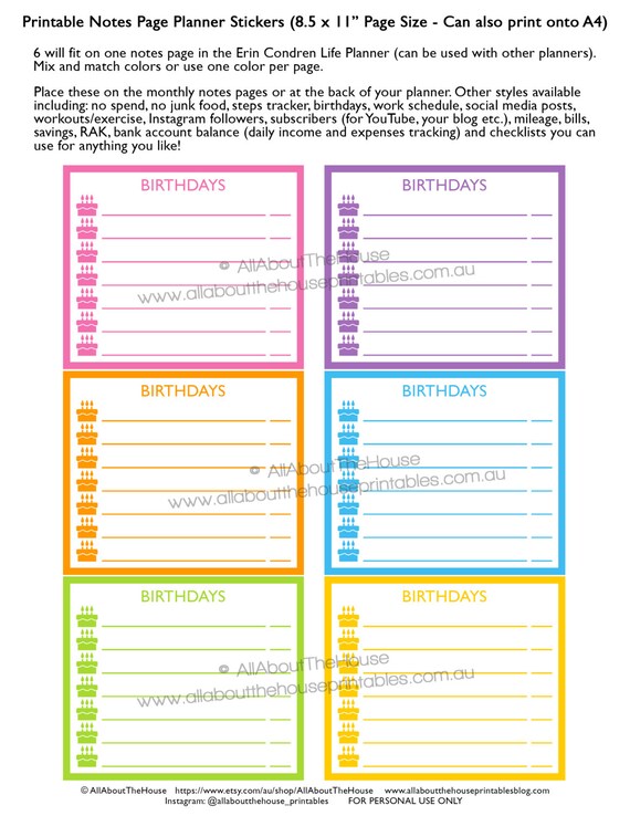 Birthdays planner stickers notes page Printable important dates party ...