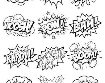 Superhero Action Words Comic Sketch Coloring Page