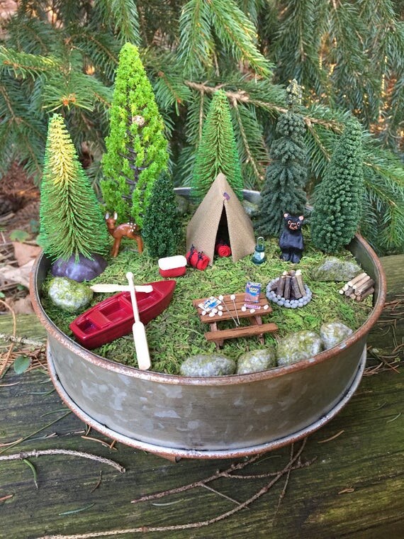 Miniature Camping Scene With Canoe Tent Deer and Bear Enjoy
