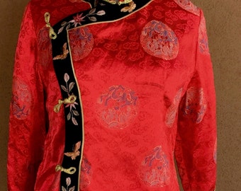 Ruby Red Mandarin Collar Fitted Shantung Cheonsam Dress Size