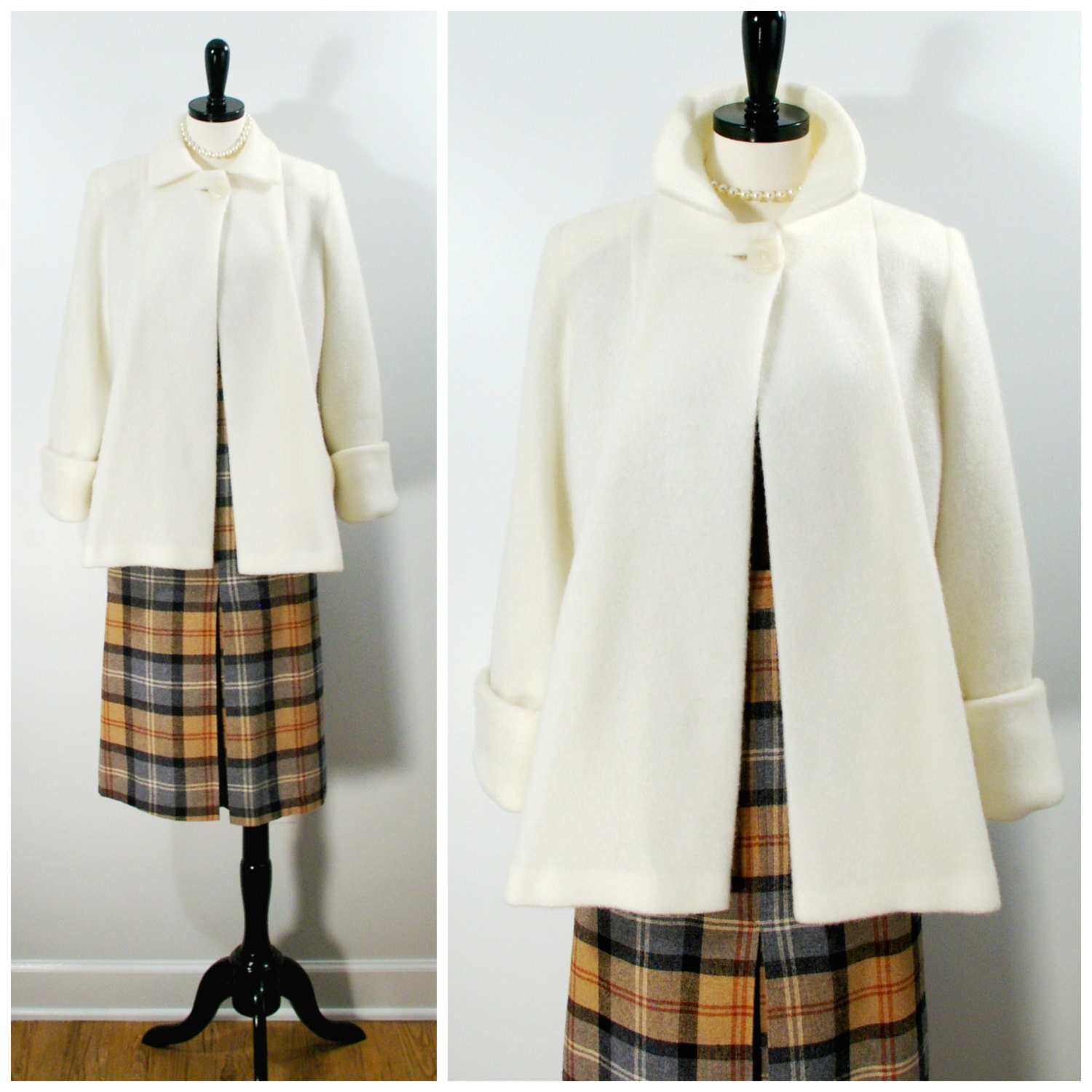 Vintage Trapeze Coat 50s White Fleece Hip Length Swing