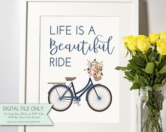 Life Is A Beautiful Ride Red Watercolor Bicycle with Balloons