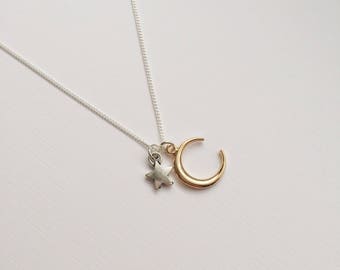 Diamond and white gold crescent moon necklace with diamond