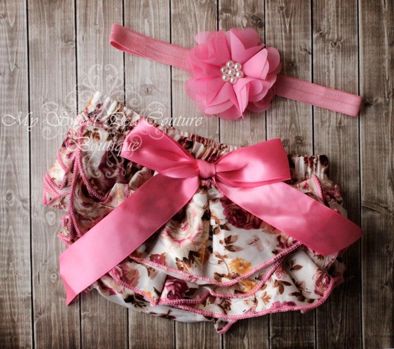 Pink Fall Floral Satin Ruffle Bloomers & Headband Set Flower
