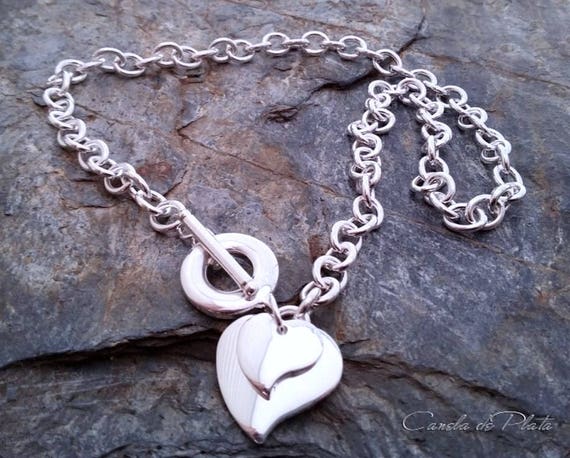 Thick chain necklace with double heart sterling silver filled.