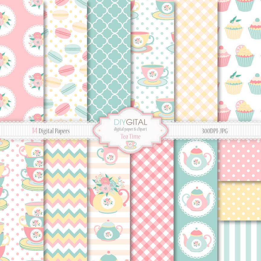 Tea Time digital paper set Tea party printable Teapot Tea