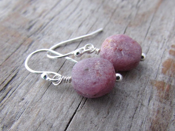 Raw Ruby Earrings rough tumbled ruby gemstone by twobadcats