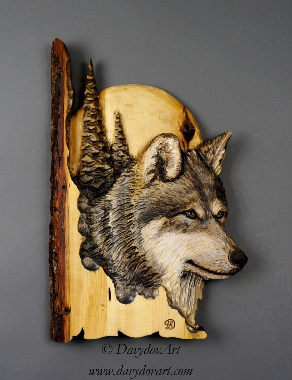 Wolf Carved on Wood Wood Carving with Bark Hand Made Gift Wall