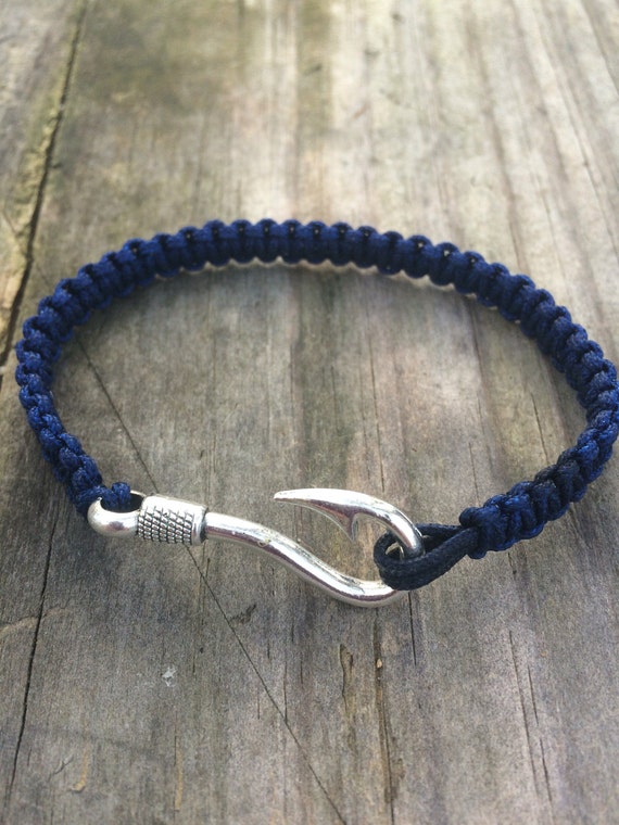 Items similar to Navy blue macrame bracelet with a fishing hook 8" on Etsy