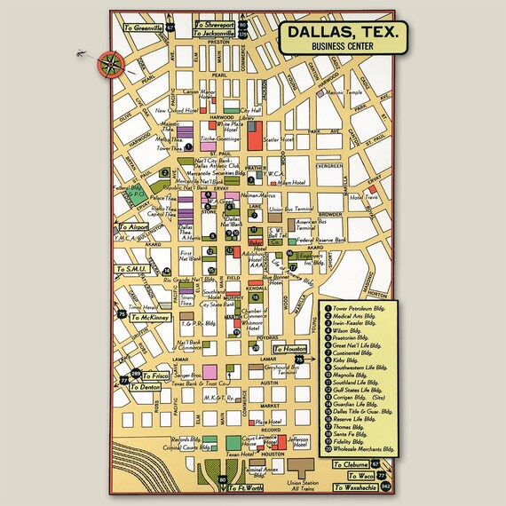 Dallas Texas Archival Print Giclee 1950 Vintage Map Theaters