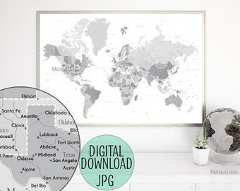 Grayscale world map | Etsy