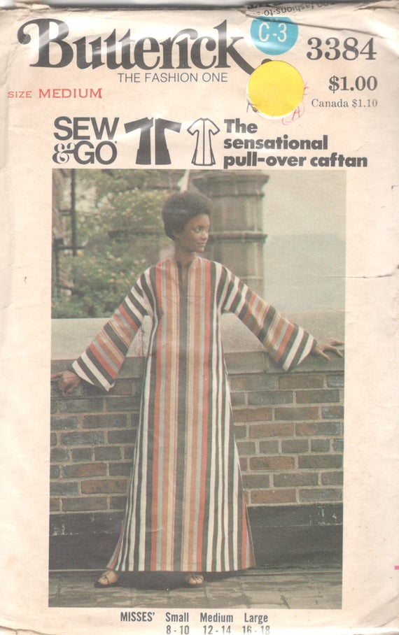 Butterick 3384 1970s Easy Sensational Pullover Misses CAFTAN