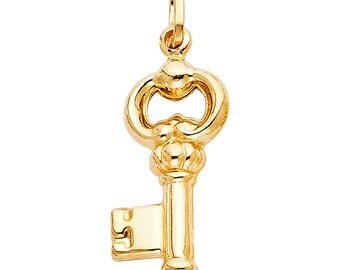 Solid 14K Yellow Gold Dangle Key Round Cut CZ Ladies Pendant