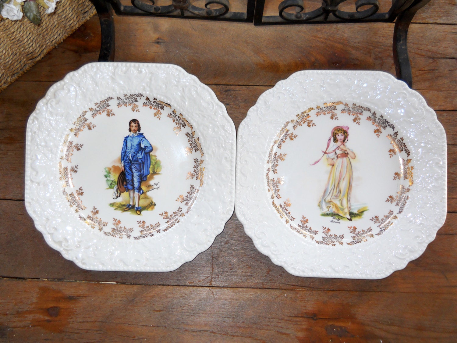 Vintage Boy Blue & Pinky Porcelain Plate Set French Country