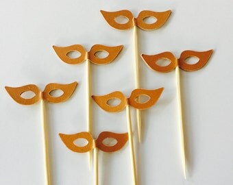 Set of 25 Pcs Gold Glitter Masquerade Mask Cupcake Toppers