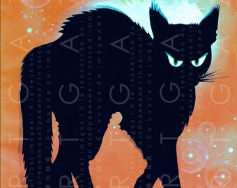 Spooky black cat art print 7.5x10 Nightmare: Creepy cat